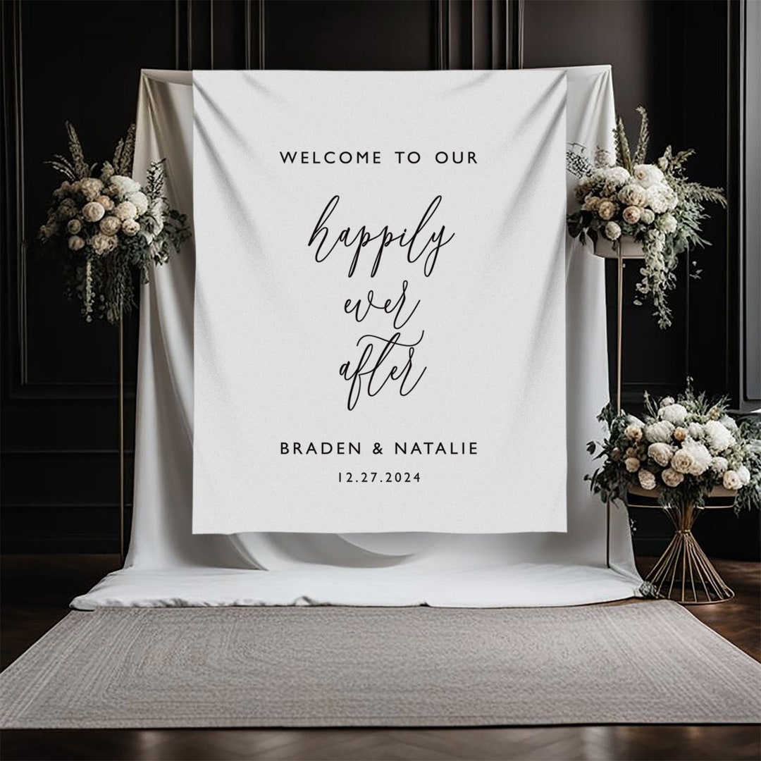 Happily Ever After Welcome Sign Backdrop in Black and White ...