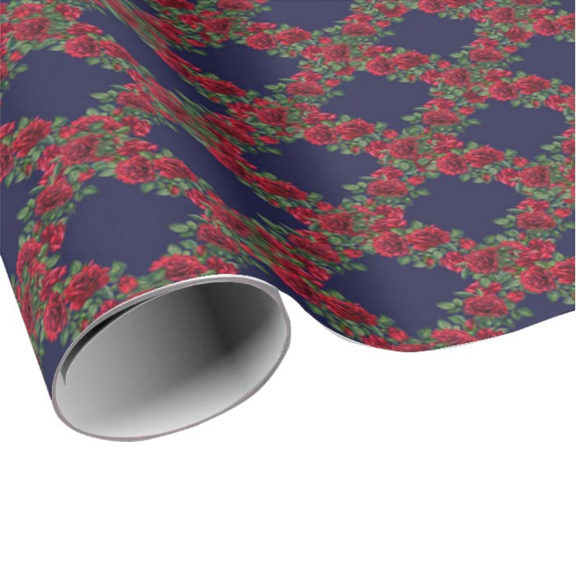 Red Rose Vine Wrapping Paper Set - Navy Blue With Elegant Diamond ...