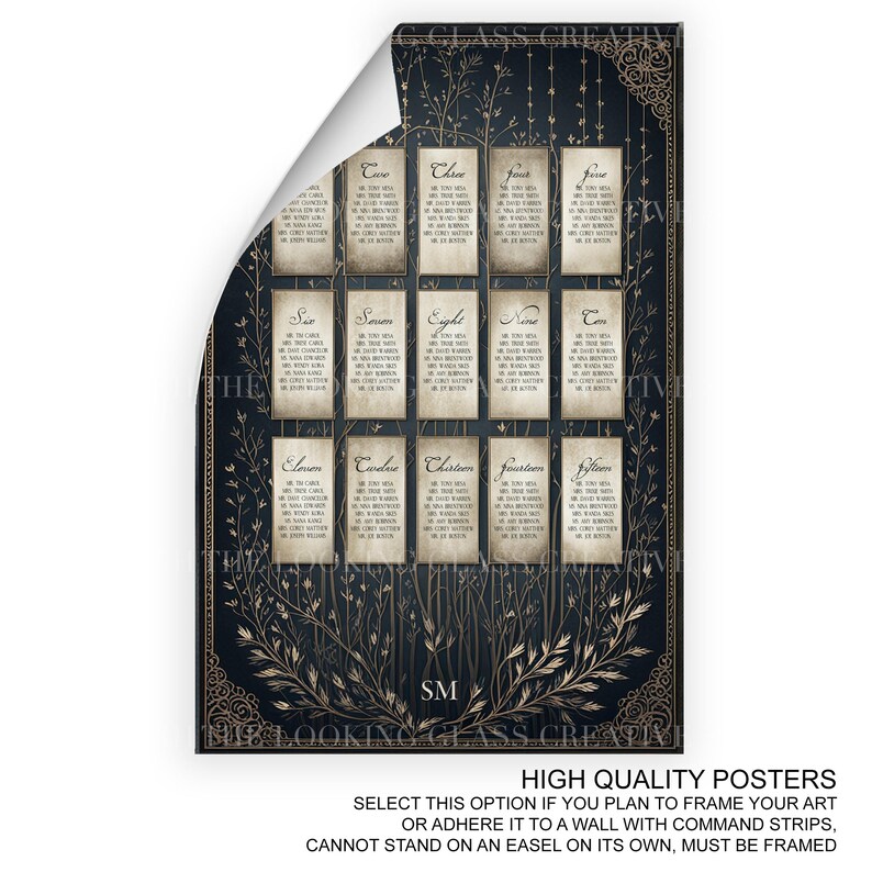 Enchanting Navy Blue Seating Chart With Gold Cascading Willow Branches ...