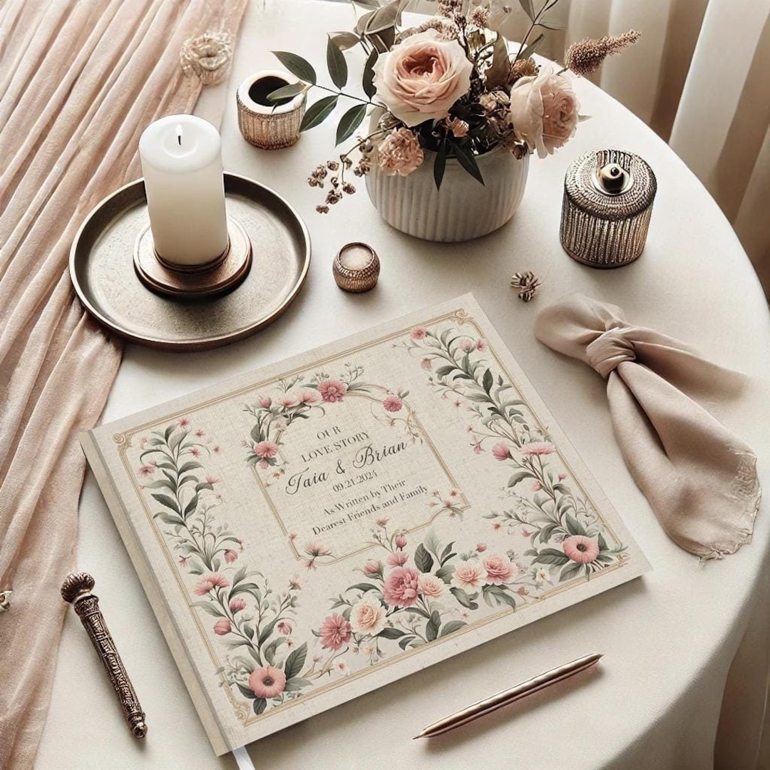 Custom English Floral Guest Book, Smooth Linen-looking Guestbook ...