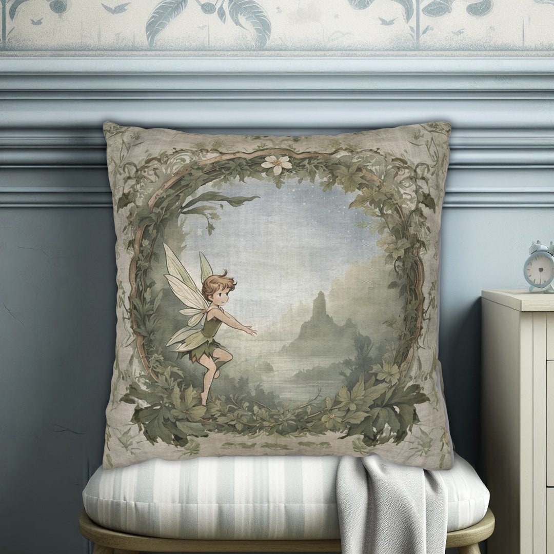Vintage Tinkerbell Pillow Neverland Decor Peter Pan Gift Green Ivy and ...