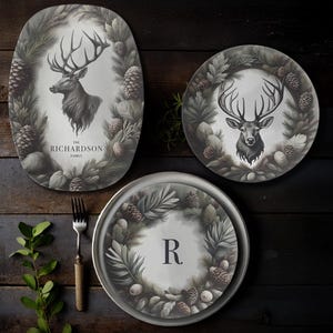 Custom Stag Plate & Platter, Monogram Woodland Rustic, Sage Green ...