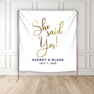 She Said Yes Sign, Personalized Engagement Backdrop, Navy Blue and Gold ...