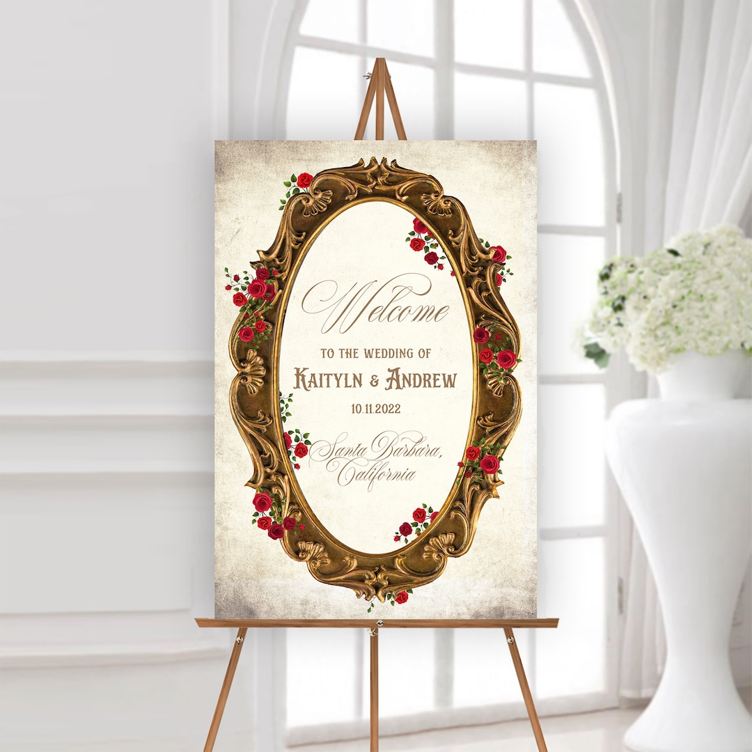 Red Rose Welcome Sign With a Vintage Gold Frame, Beauty and the Beast ...