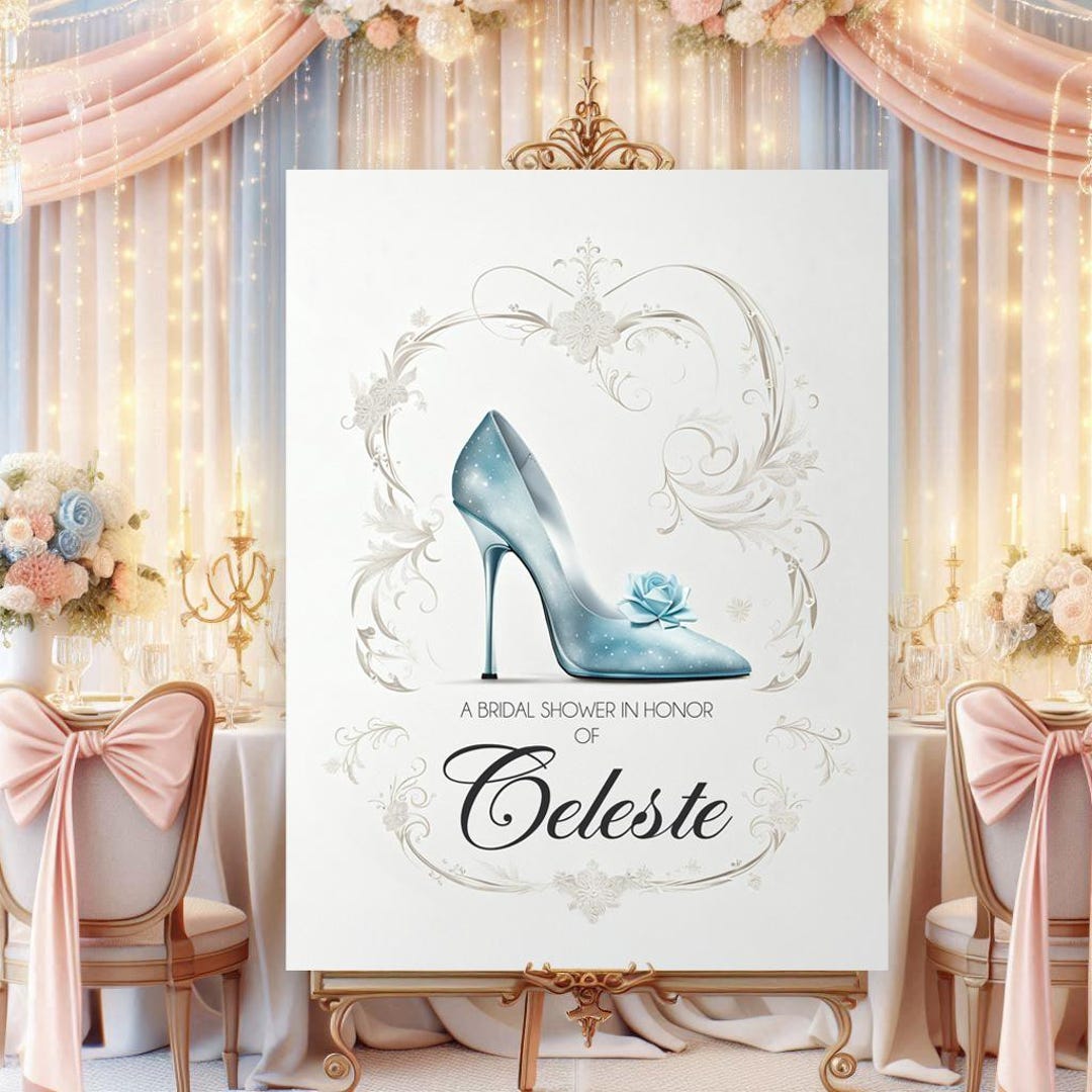 Cinderella Bridal Shower Welcome Sign, Pale Blue Glass Slipper, Gold ...