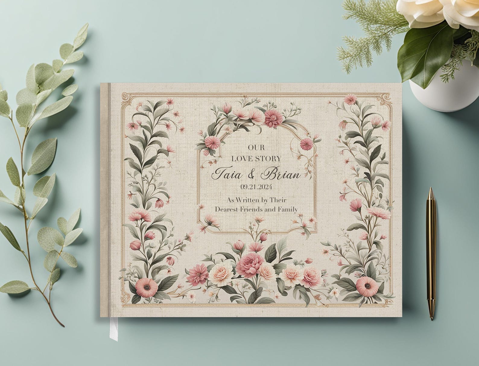 Custom English Floral Guest Book, Smooth Linen-looking Guestbook ...