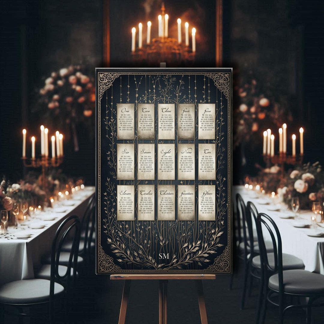 Enchanting Navy Blue Seating Chart With Gold Cascading Willow Branches ...