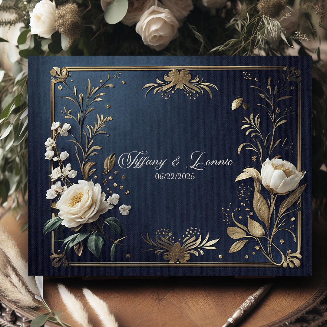 Custom Navy Blue Guest Book With Gold Border & Cream Florals ...