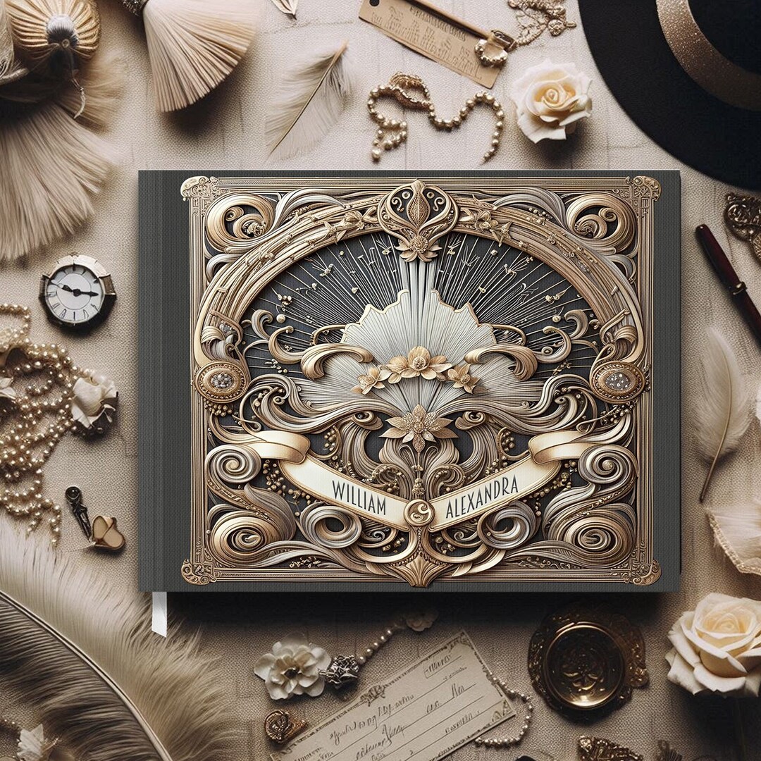 Vintage Glamour Guest Book With Art Nouveau Design in Dark Gray and ...