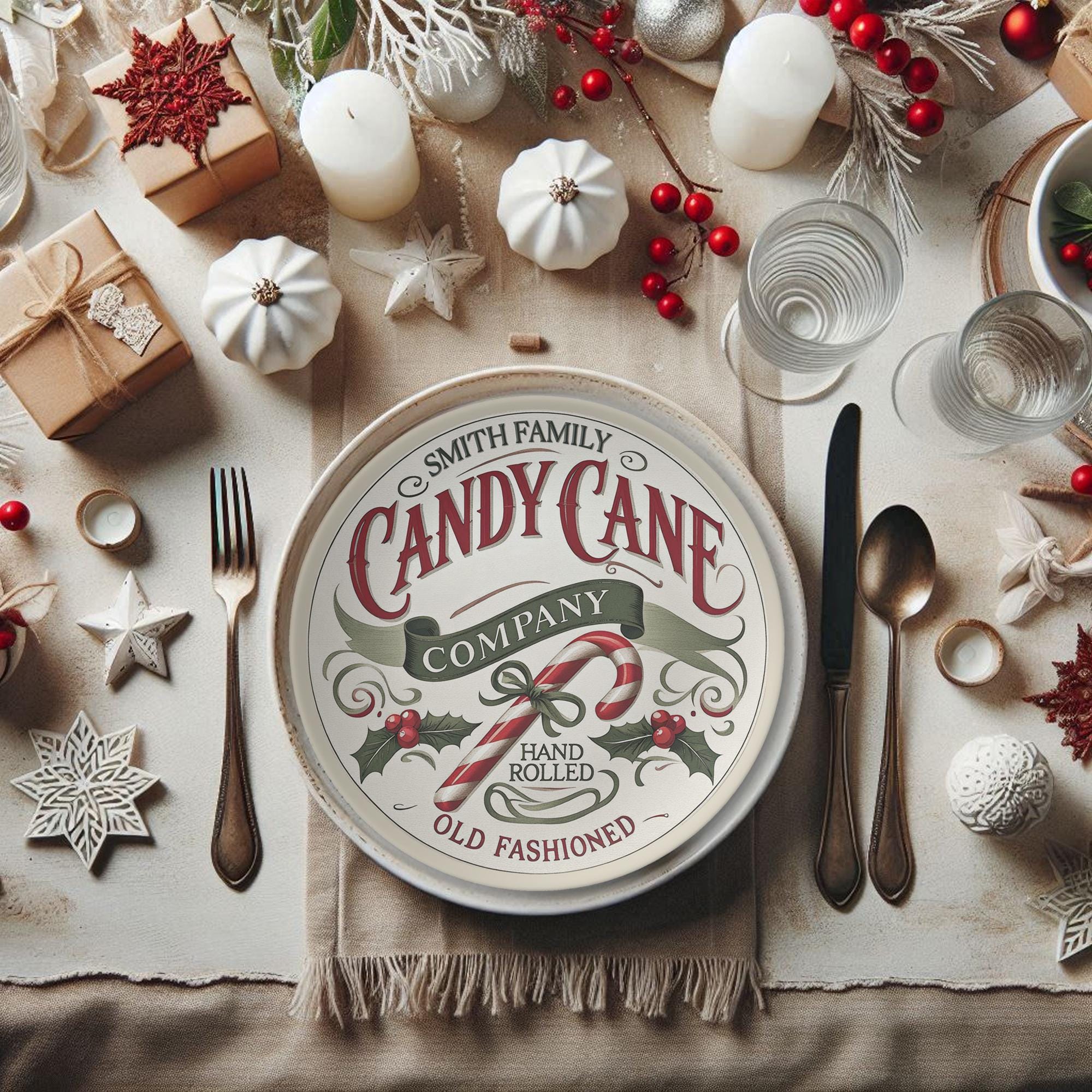 Custom Farmhouse Candy Cane Plate & Platter | Red Green Beige Christmas ...
