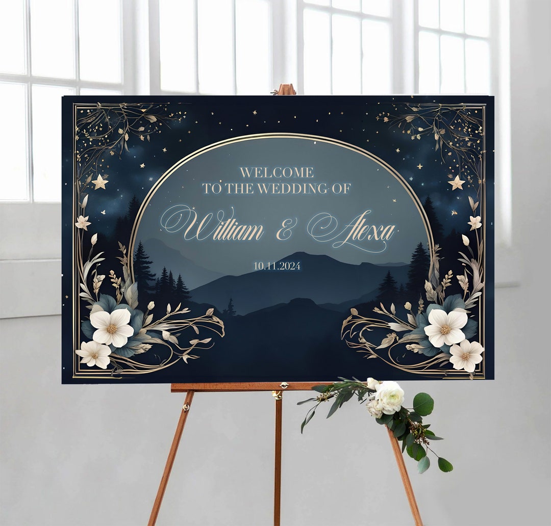 Welcome Sign Midsummer Nights Dream, Ethereal Floral Design, Navy Blue ...