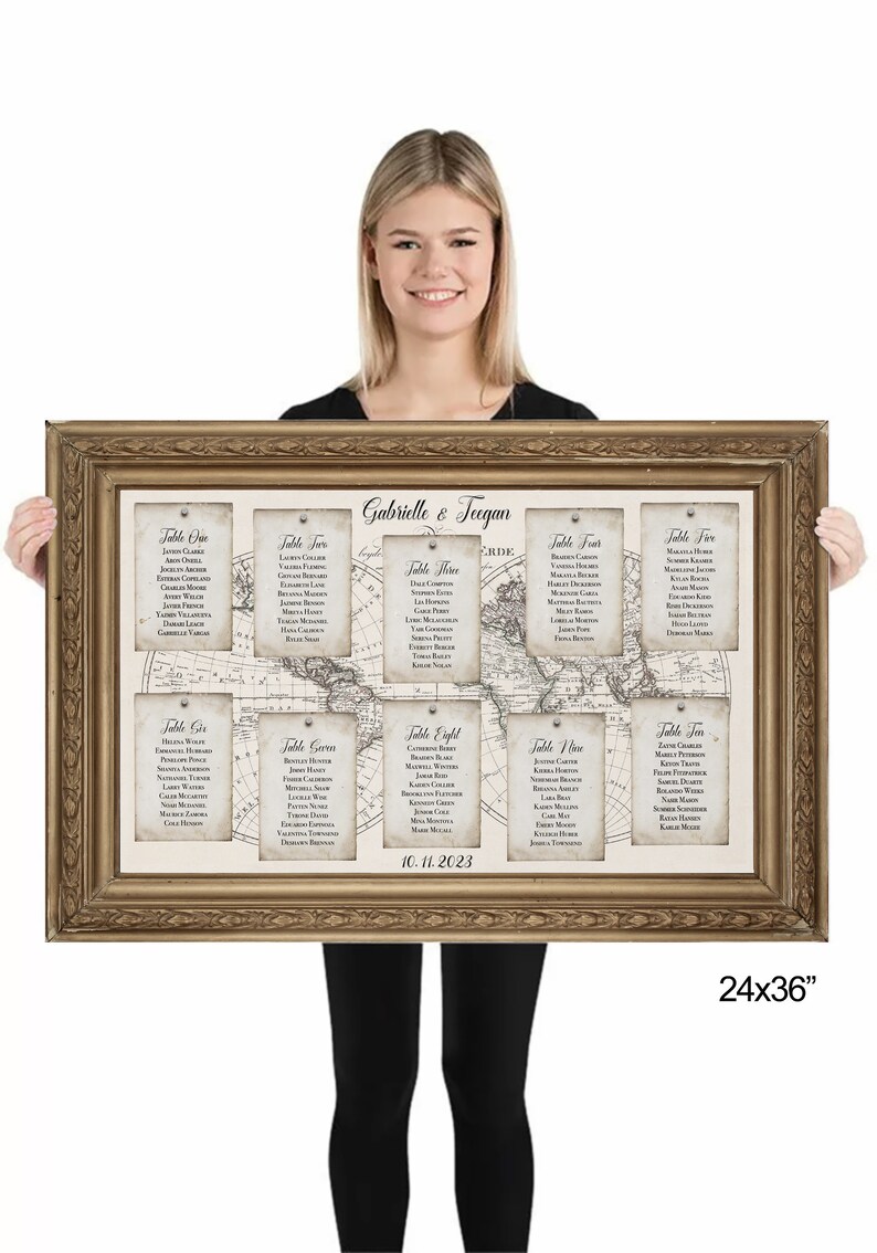Map Seating Chart - Unique Find Your Seat Sign - Vintage Gold Frame ...