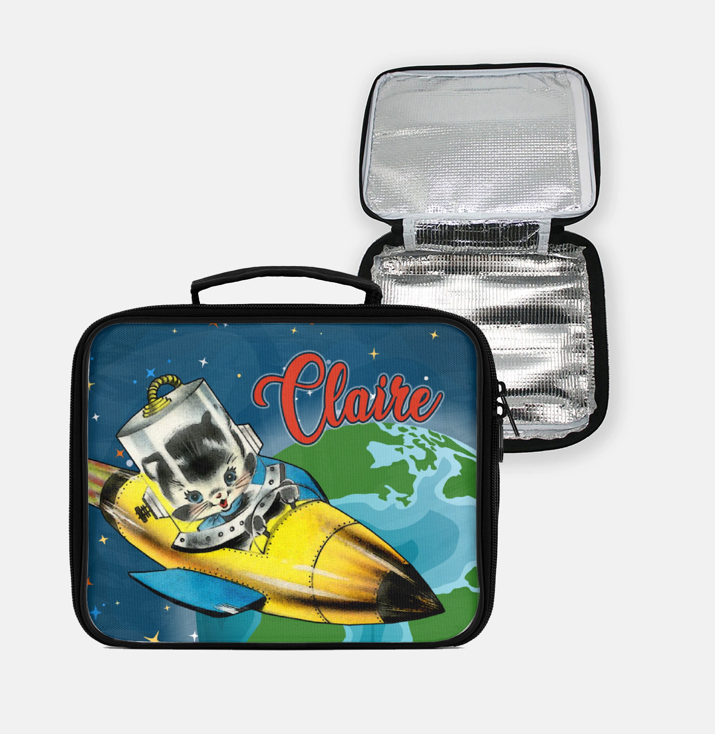 Personalized Lunch Box Vintage Retro Rocket Ship Cat Metal | Etsy