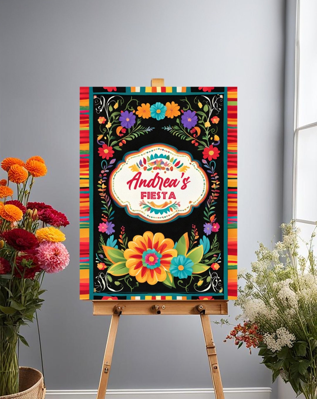 Custom Mexican Fiesta Welcome Sign - Colorful Stripes and Flowers ...