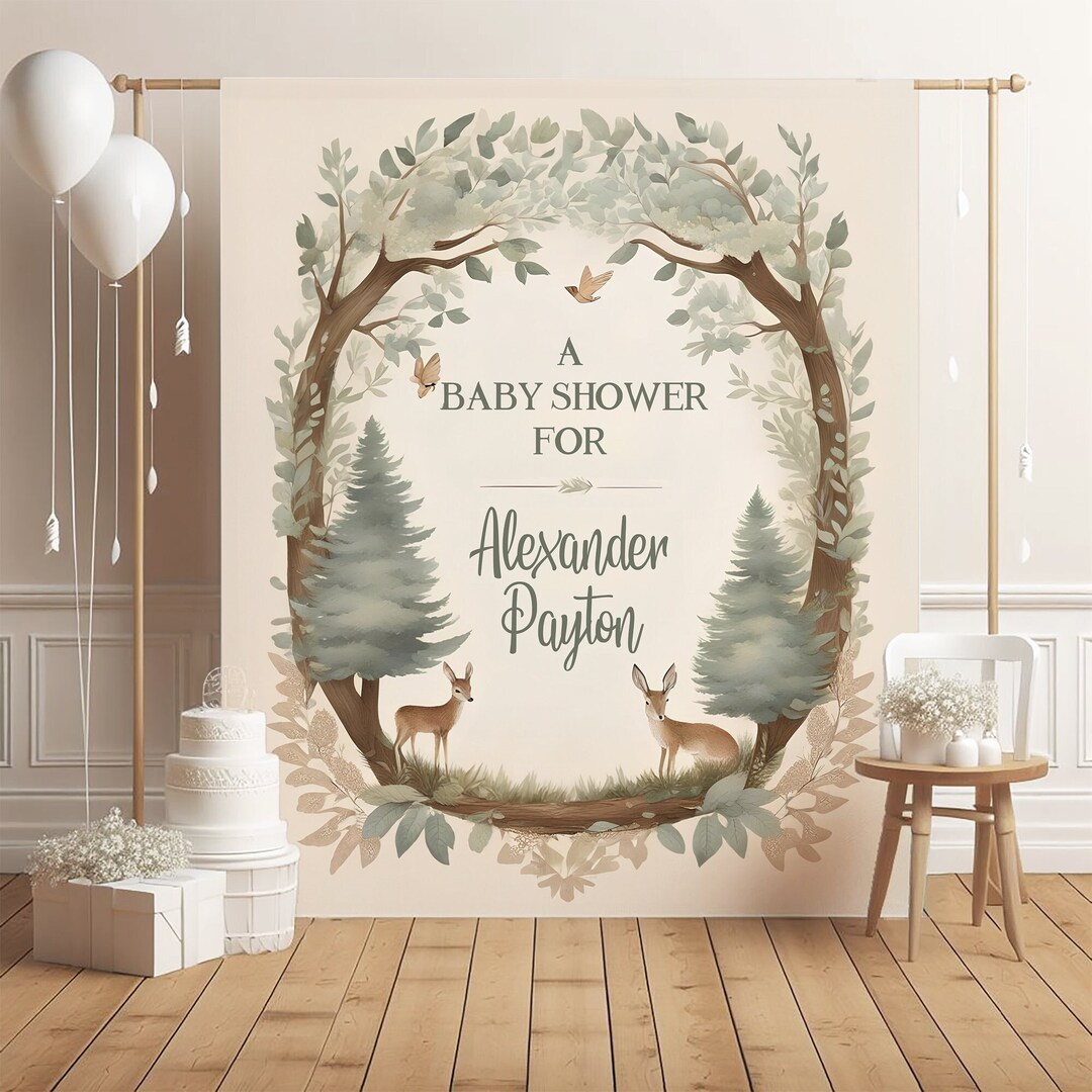 Forest Baby Shower Backdrop With Baby Deer - Rustic Woodland Theme ...