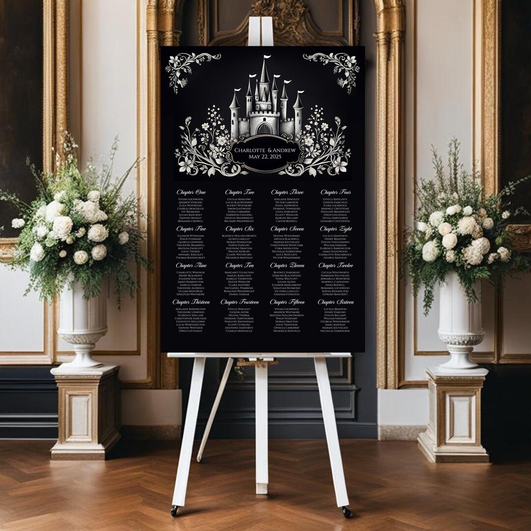 Whimsical Fairytale Castle Seating Chart, Black and White Wedding ...