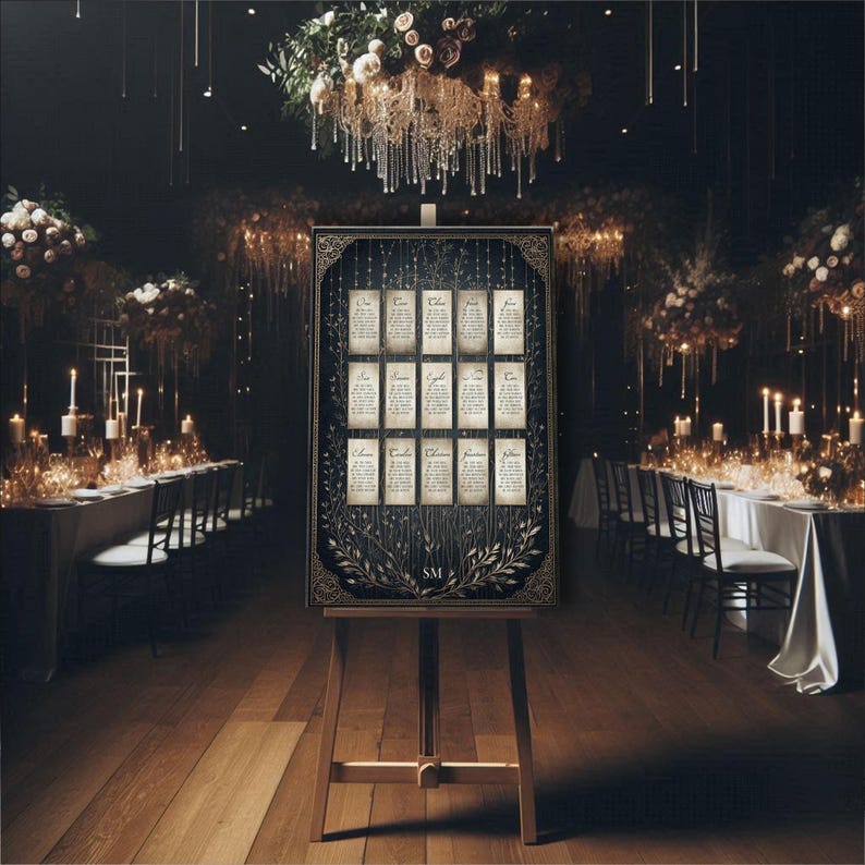 Enchanting Navy Blue Seating Chart With Gold Cascading Willow Branches ...