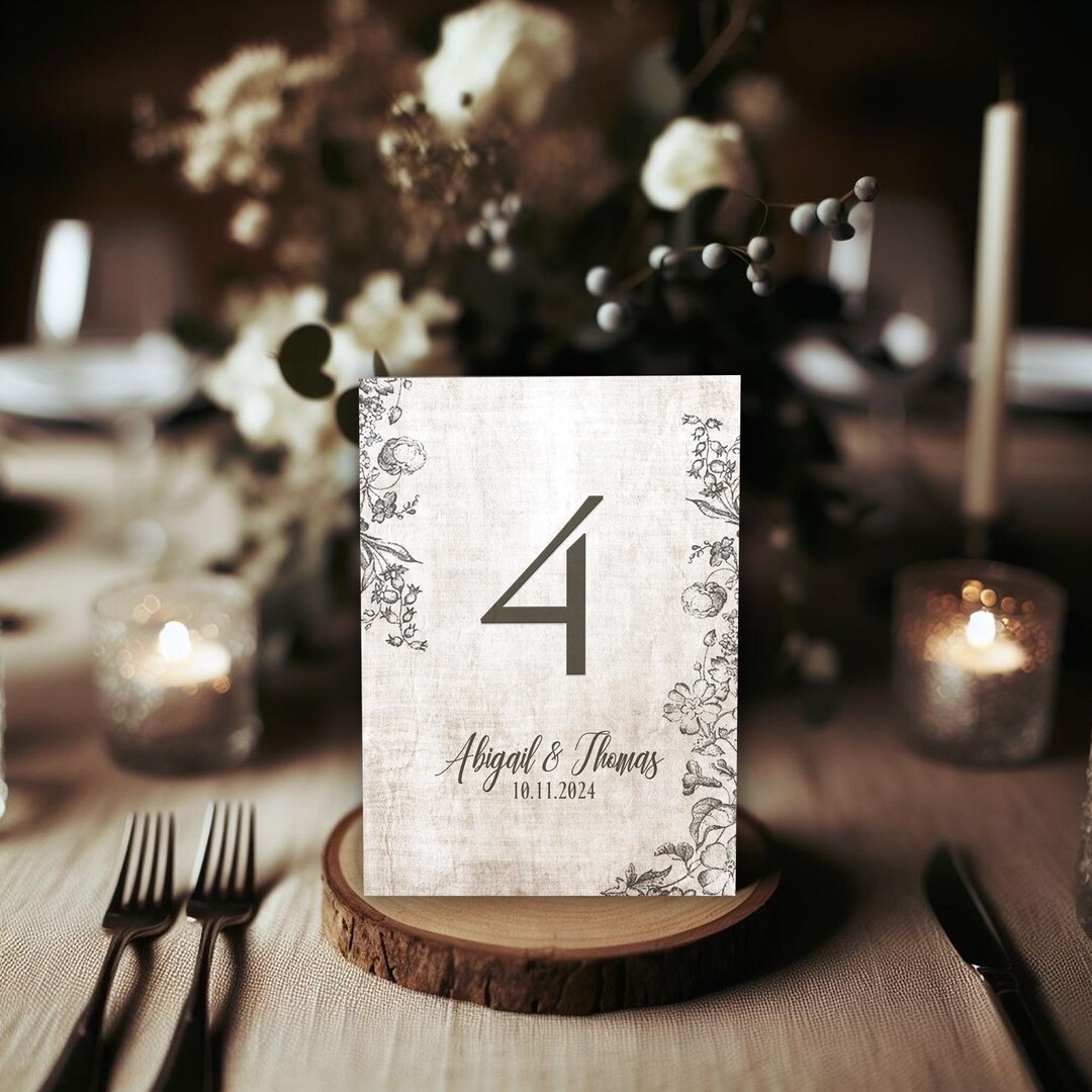 Printed Table Number Cards in a Vintage Floral Design, Double-sided ...