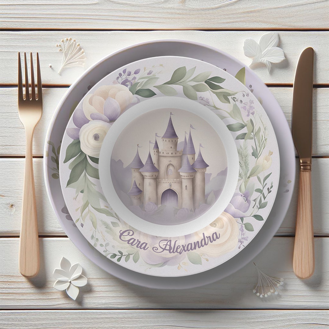 Custom Plate and Bowl Purple Fairytale Castle, Rapunzel Gift, Purple ...