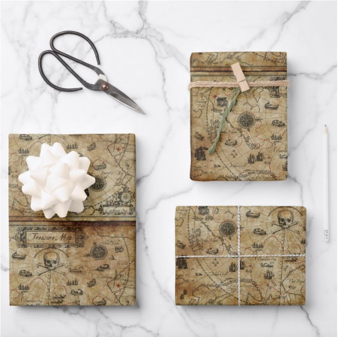 Vintage Pirate Treasure Map Wrapping Paper - Aged Distressed Patina ...
