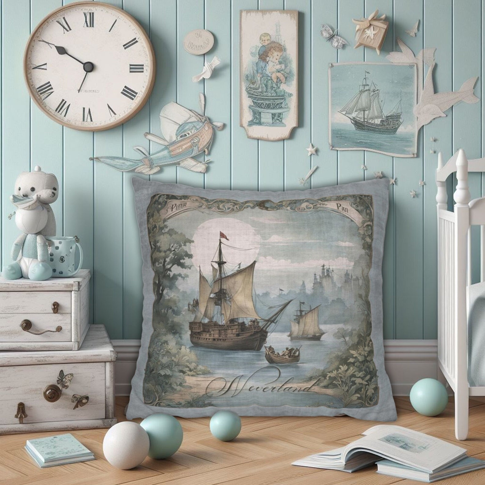 Vintage Pirate Ship Pillow – Coastal Nursery Decor, Neverland Adventure ...