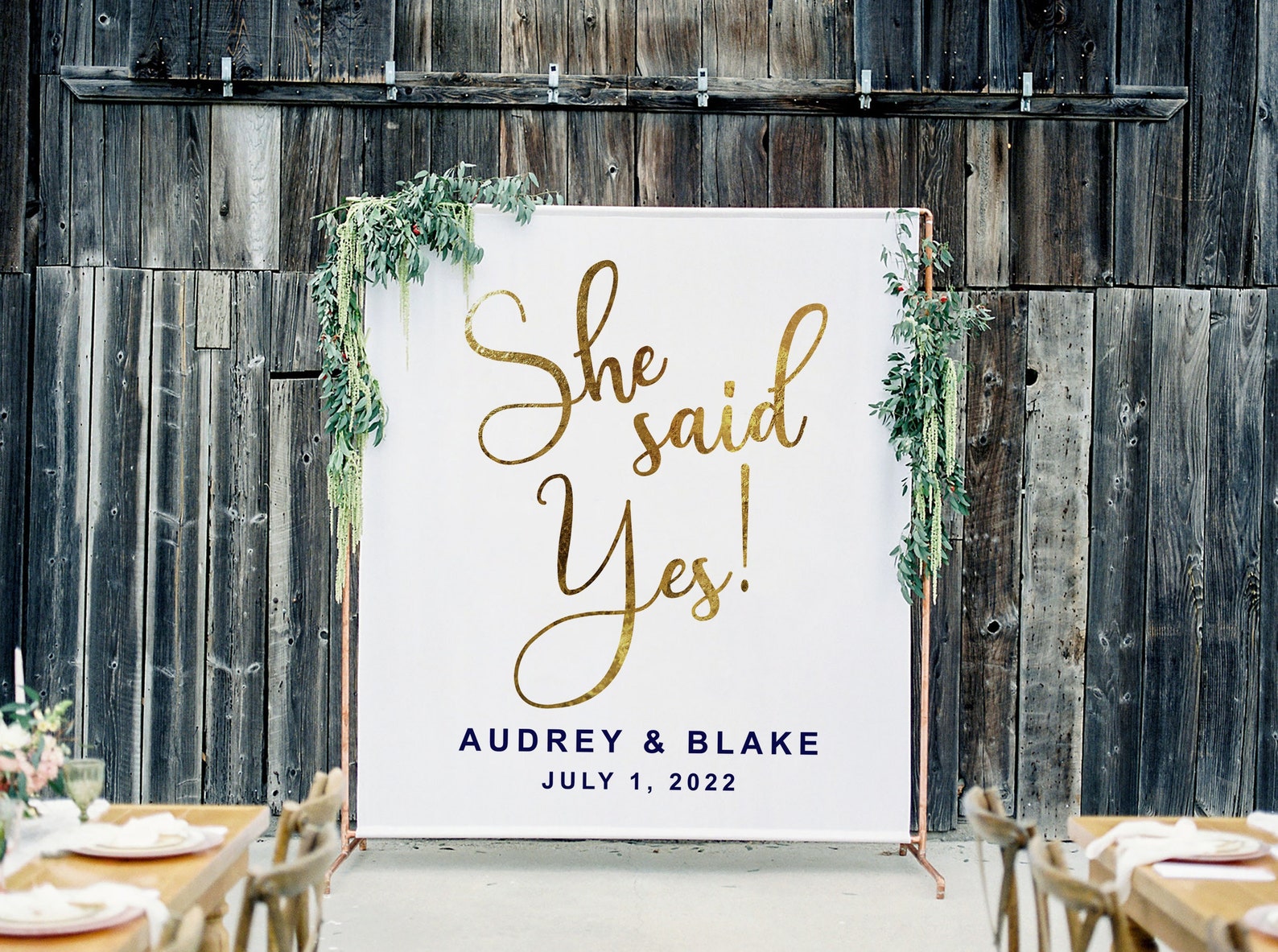 She Said Yes Sign, Personalized Engagement Backdrop, Navy Blue and Gold ...
