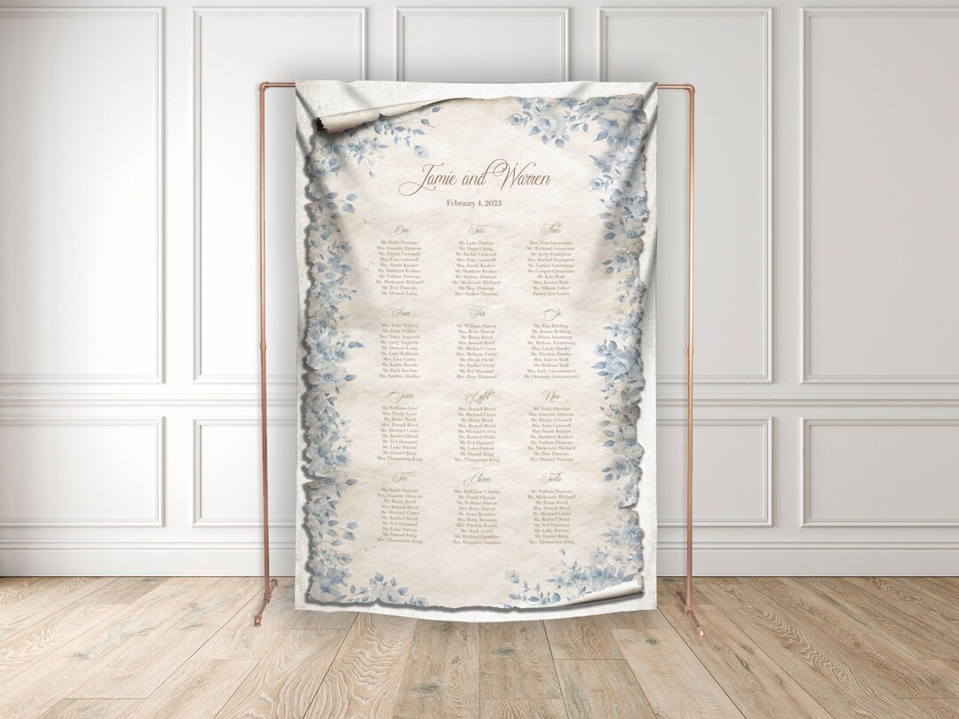 Scroll Seating Chart Backdrop - Antique Wedding With a Blue Floral ...