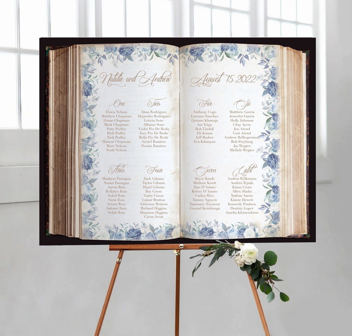 Book Seating Chart With Blue Flowers for a Fairytale Wedding, Storybook ...