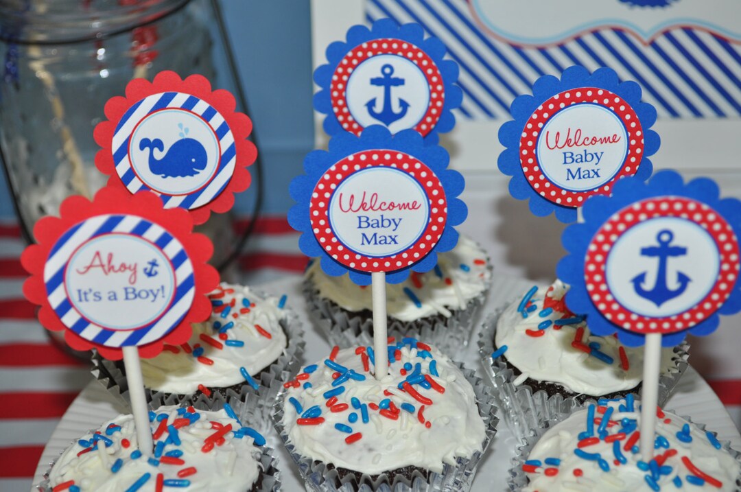 Nautical BABY SHOWER Cupcake Toppers Boys Baby Shower Decorations It's ...