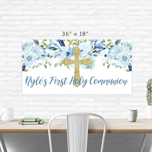 First Holy Communion Banner, Blue Floral Gold Cross 1st Communion Party ...