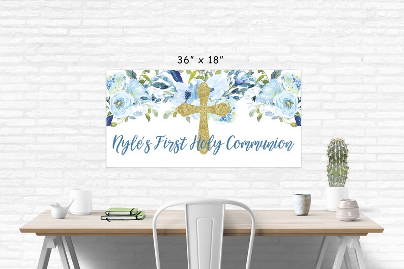 First Holy Communion Banner, Blue Floral Gold Cross 1st Communion Party ...