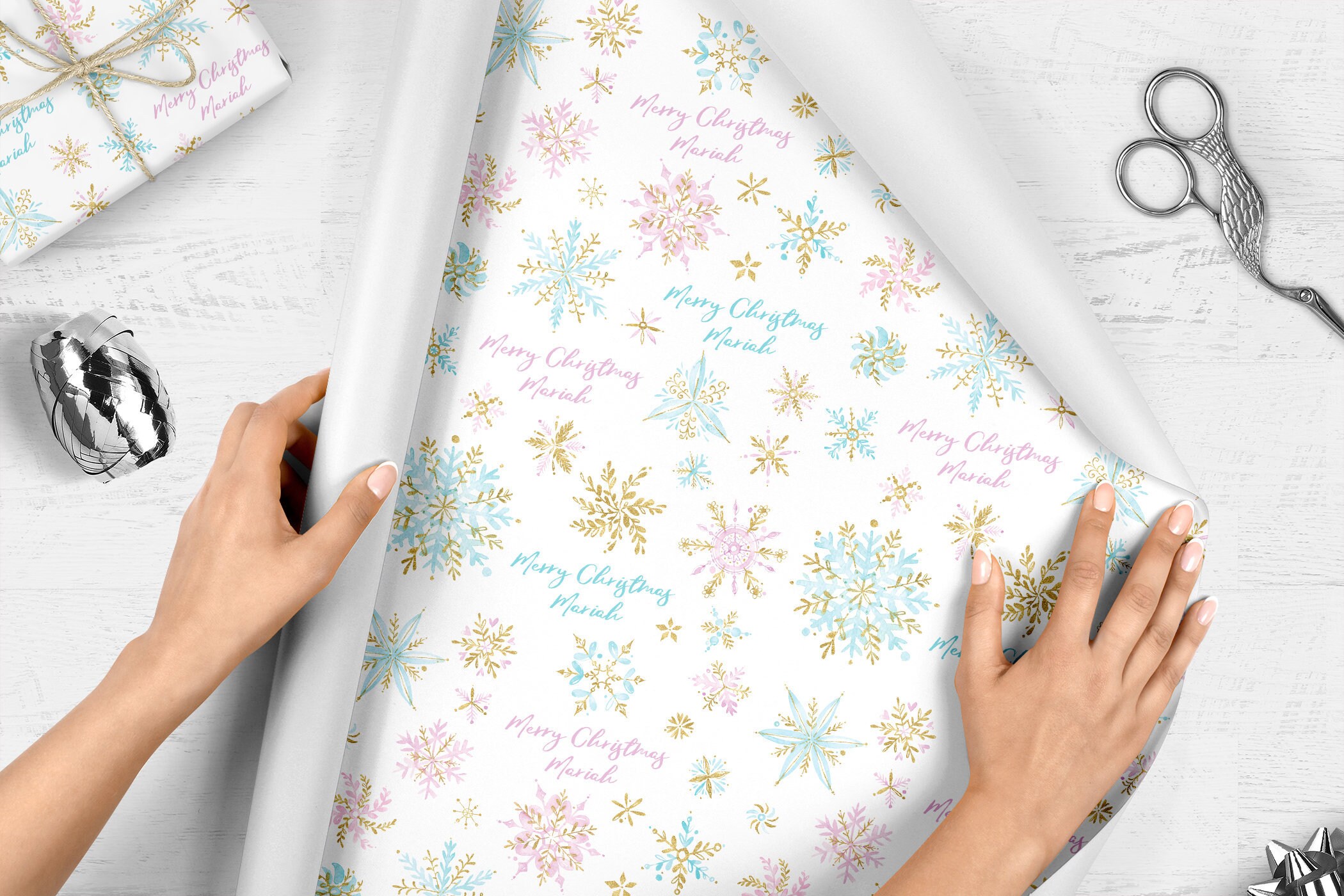 Personalized Name Wrapping Paper Snowflakes Pink Blue and - Etsy