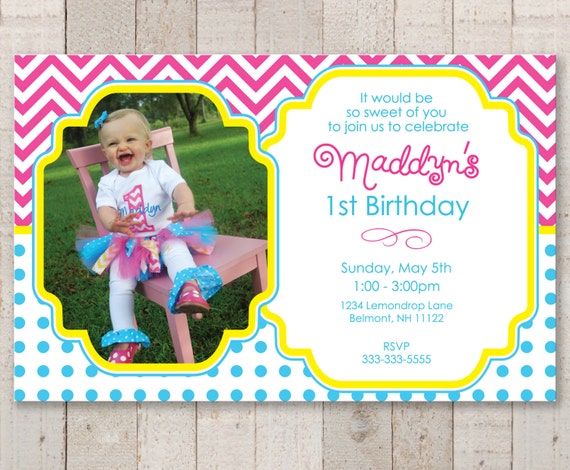 Girls Birthday Invitations with Photo - Chevron Invitations - Chevron ...