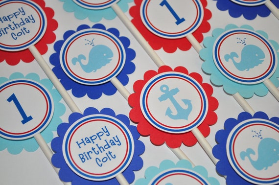 Nautical 1st Birthday Cupcake Toppers, Whale Anchor Birthday ... Nautical 1st Birthday Cupcake Toppers, Whale Anchor Birthday ...