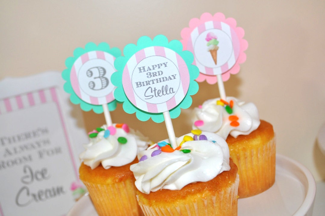 Ice Cream Birthday Cupcake Toppers, Sweet Shoppe, Vintage Ice Cream ...