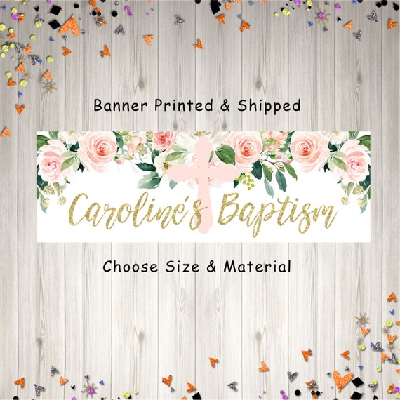 Baptism Banner Girl, Baby Christening Banner, Pink Floral Gold Baptism ...