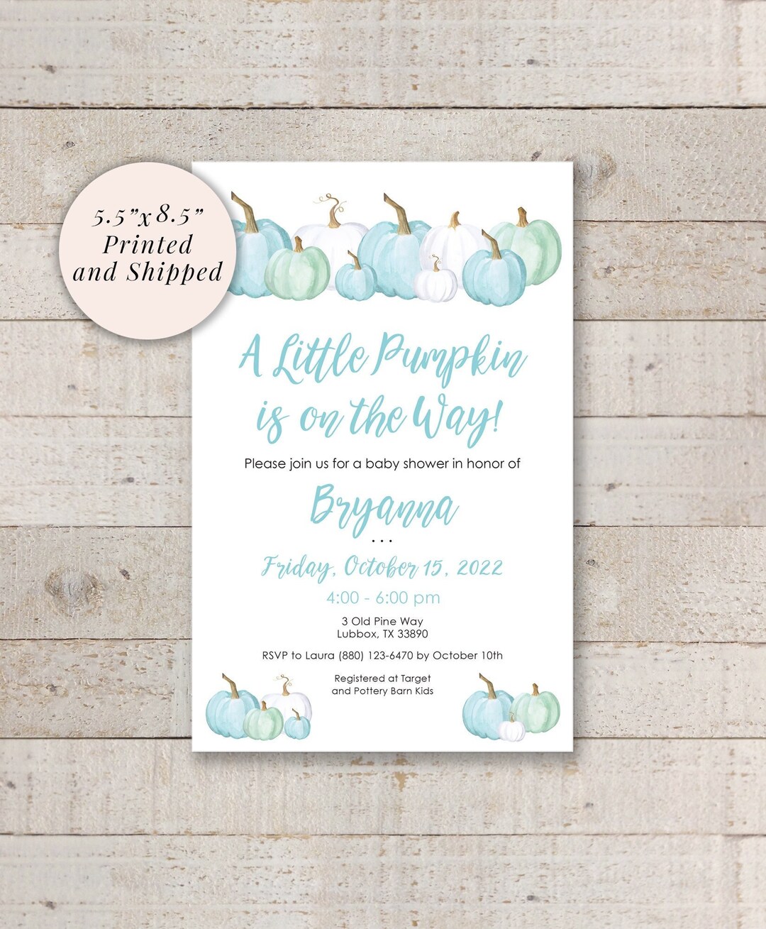 Blue Pumpkin Boy Baby Shower Invitations, A Little Pumpkin is on the ...