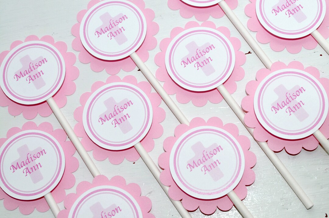 Baptism Cupcake Toppers Girls Pink Cross, First Holy Communion Party ...