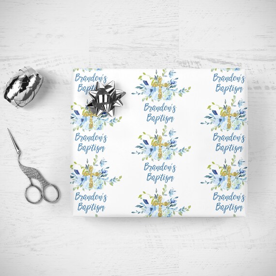 Boys Baptism Gift Wrap Sheets Personalized Baptism Wrapping Paper Blue ...