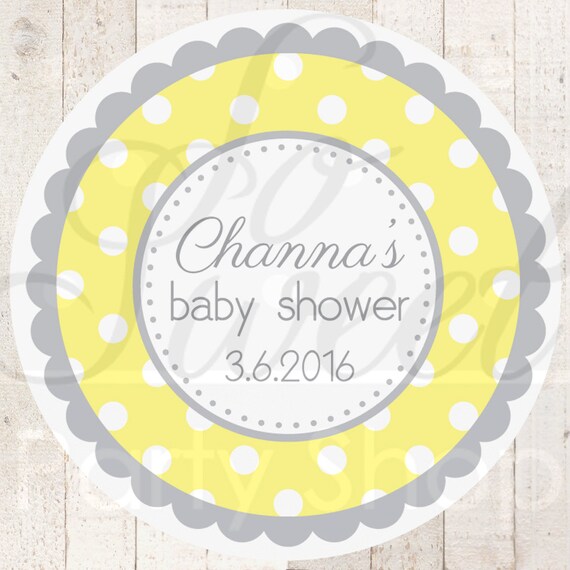 Baby Shower Favor Sticker Labels - Yellow and Gray Polkadot ...