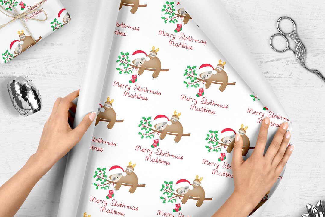 Sloth Christmas Gift Wrap Personalized Name Wrapping Paper, Gift Wrap ...