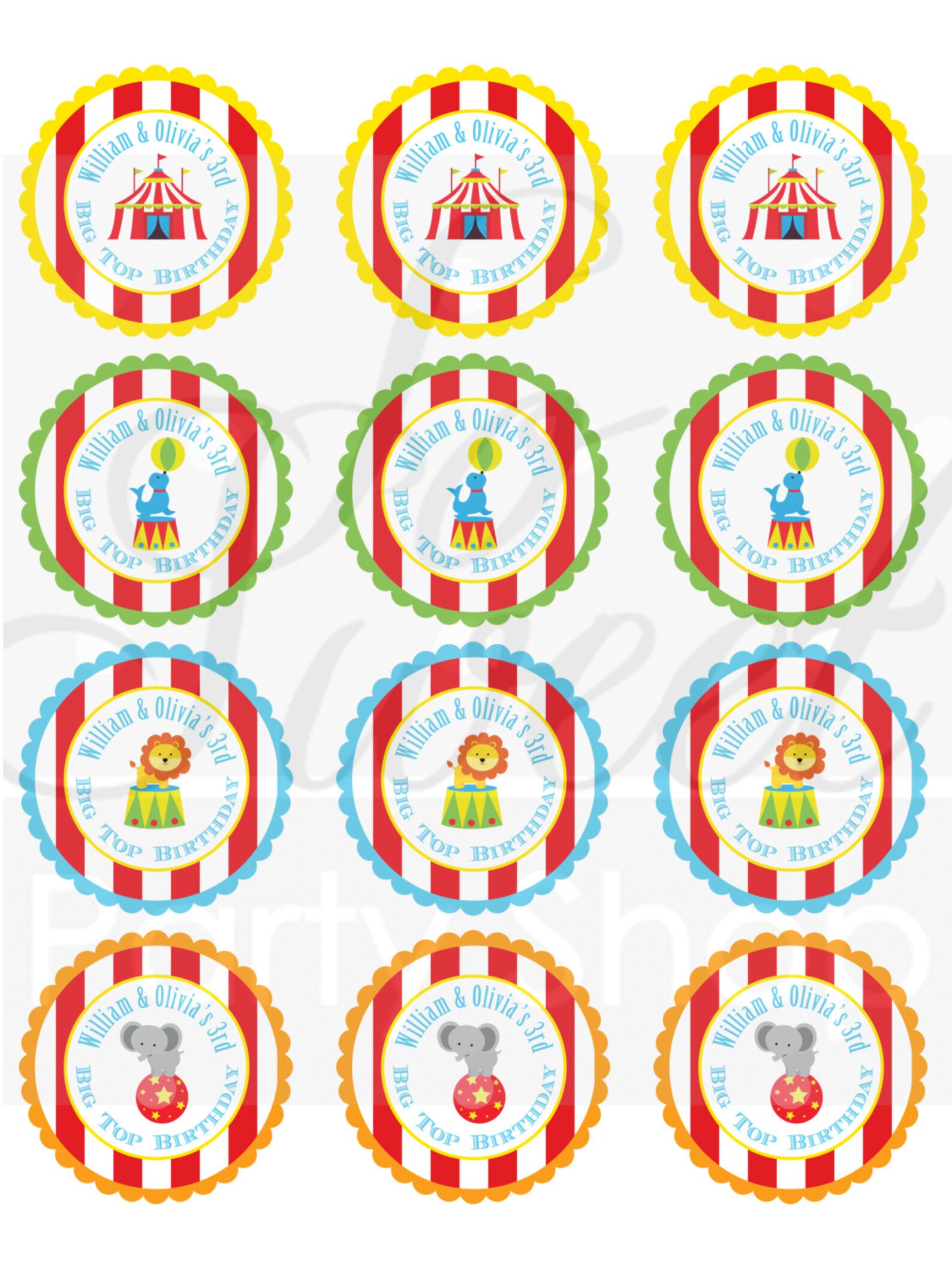 Circus Birthday Stickers Circus Party Favor Sticker Labels Kids Circus ...