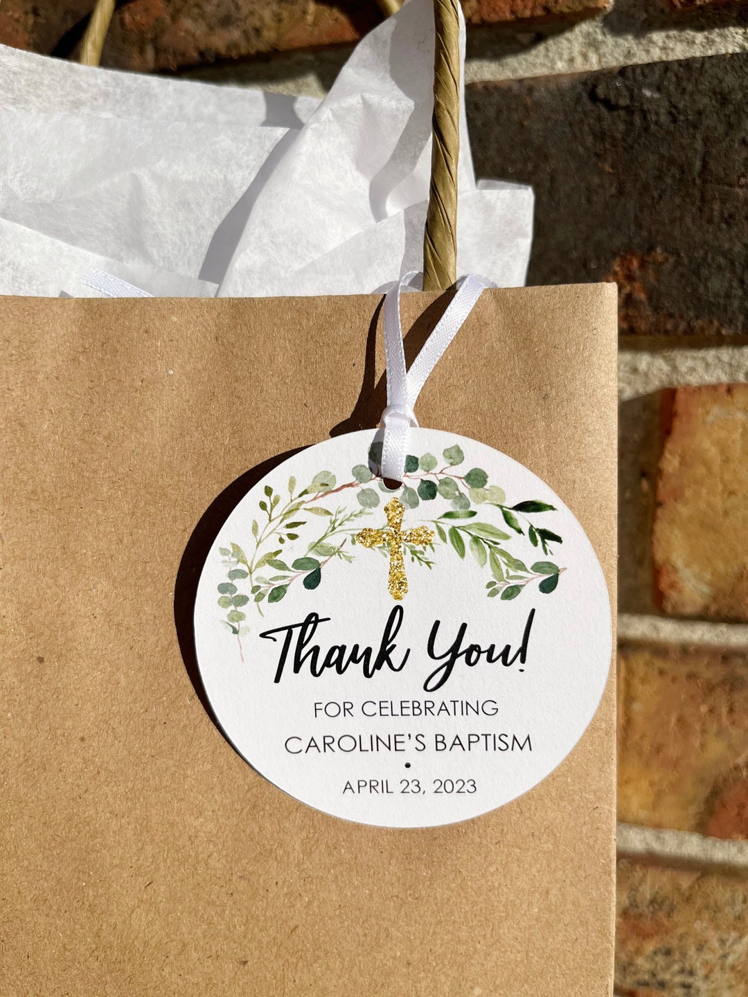 Baptism Favor Tags Greenery Leaves Gold Cross First Holy Communion ...