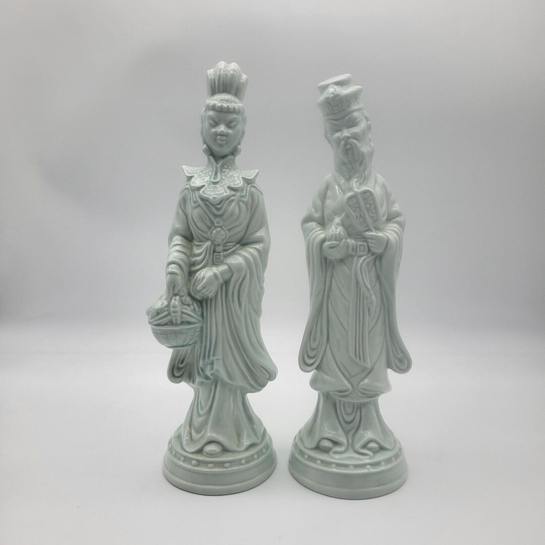 Vtg Kwan Yin Male & Female Quad Asian God Goddess Statue 13" Mint Green ...