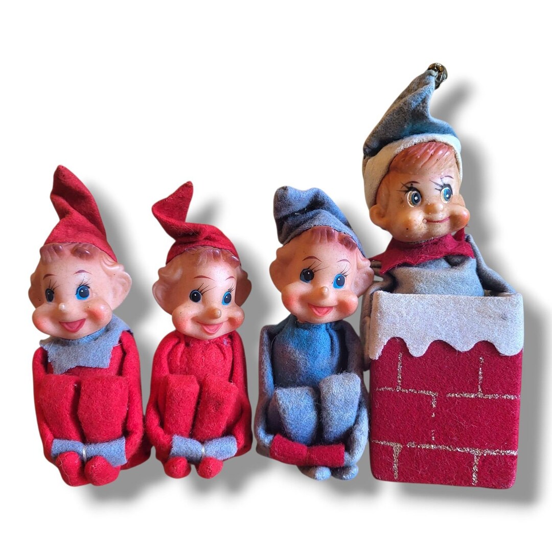 MCM Rubber Face Elf Knee Huggers X3 & Elf in Chimney Christmas Ornament ...