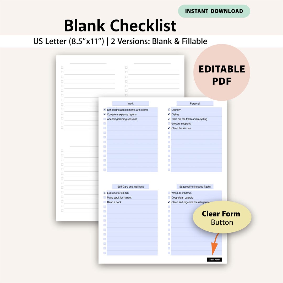 Blank Checklist With 'clear Form' Button | Printable PDF | Blank to Do List | Fillable ...