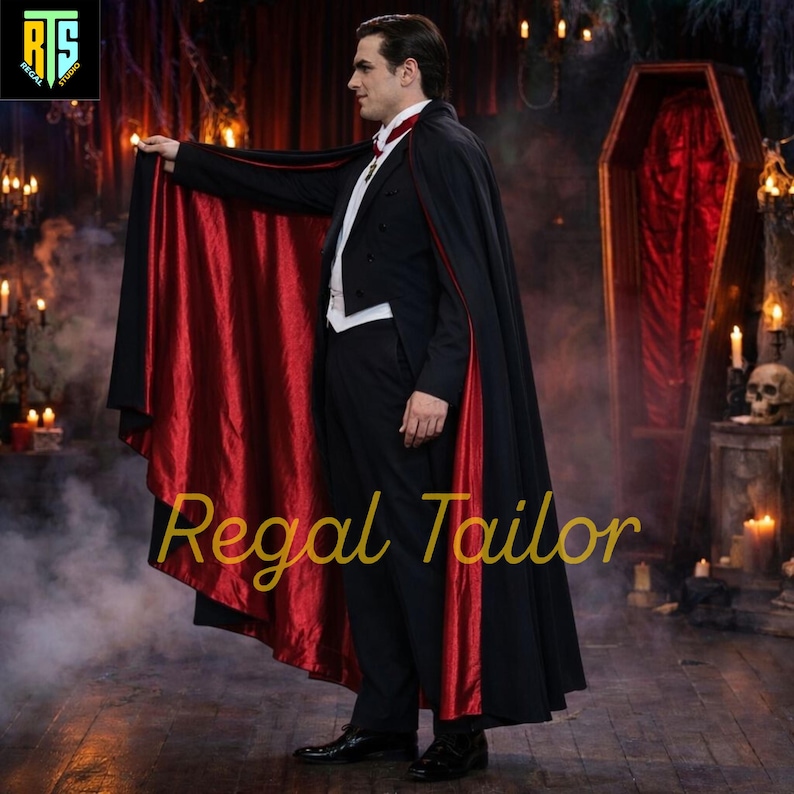 Men’s Dracula Inspired Vampire Costume – Black Wool Tailcoat With Red ...