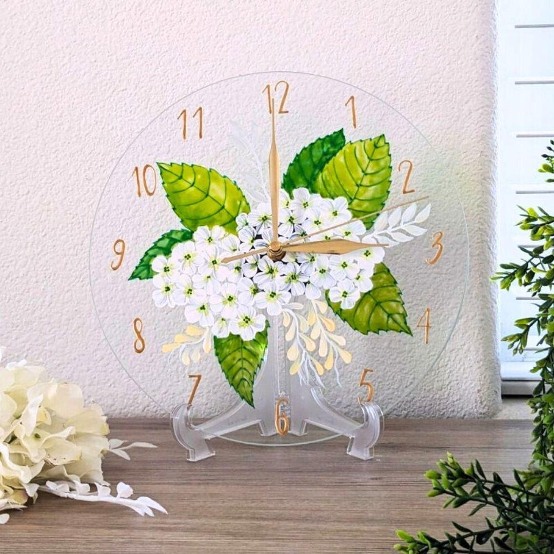 Hand Painted White Hydrangea Design Round Glass Clock for Home Decor ...