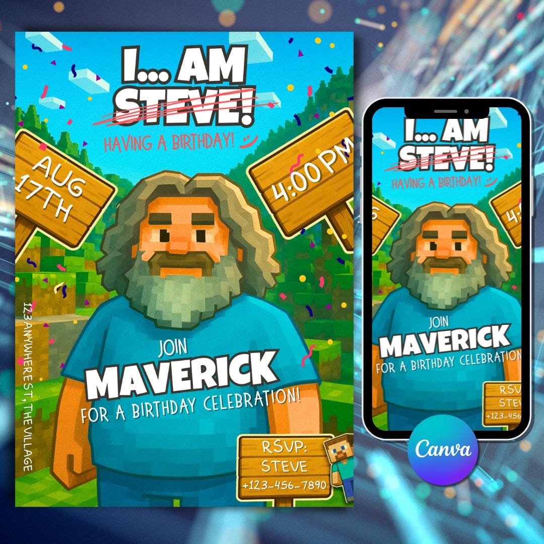 I Am Steve Minecrafter Editable Birthday Invitation - Etsy