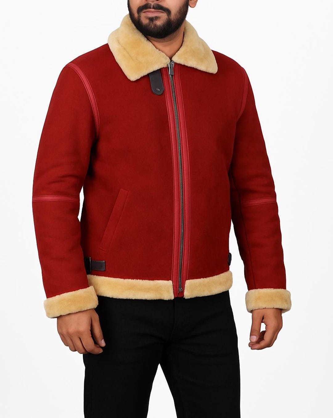Ryan Reynolds Spirited Jacket: Red Suede Leather Bomber, Faux Fur Santa ...